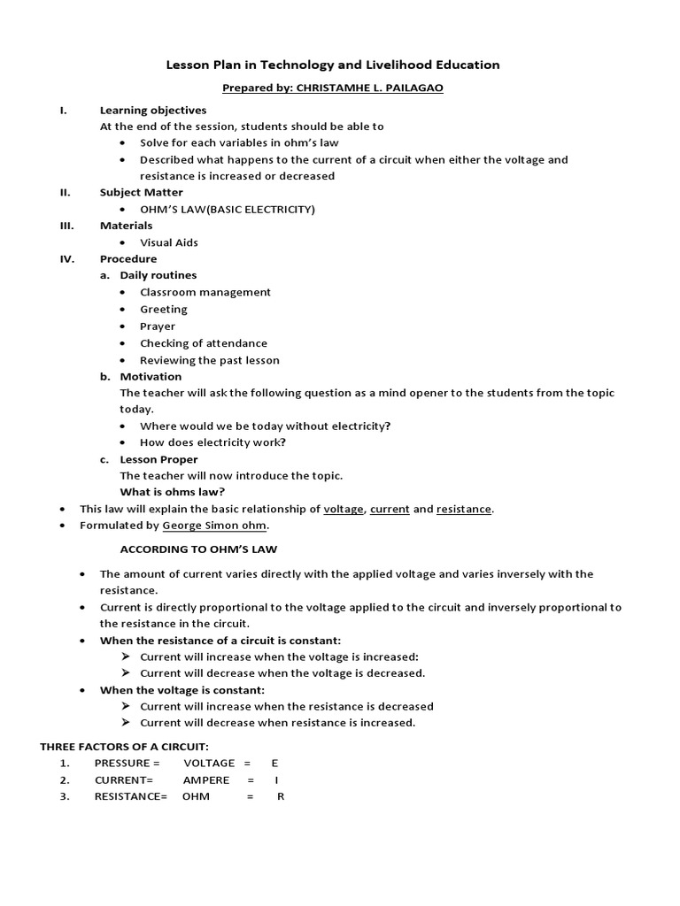 Deped Lesson Plan | PDF | Electrical Resistance And Conductance | Volt