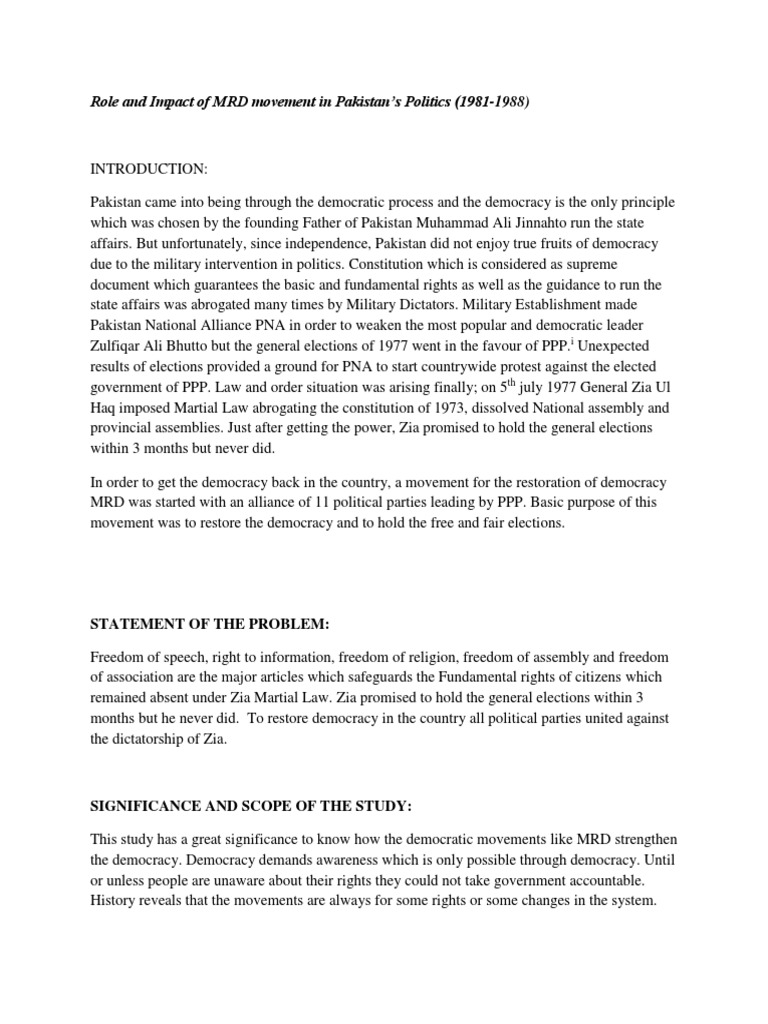 Role and Impact of MRD Movement in Pakistan's Politics (1981-1988 ...
