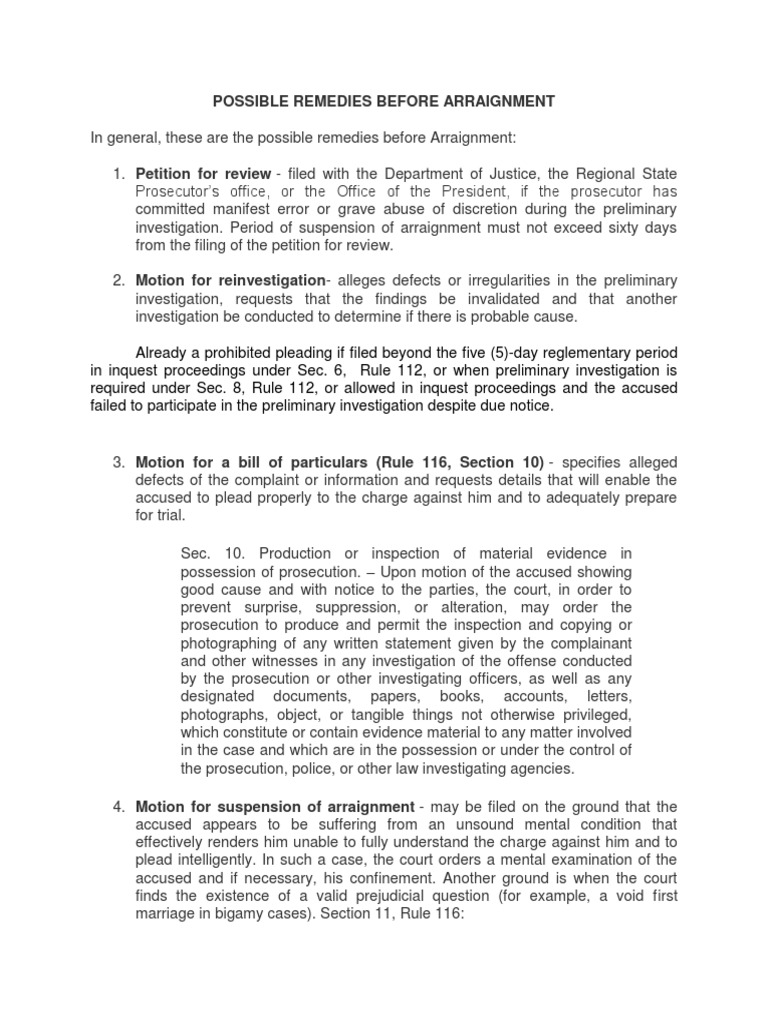 Possible Remedies Before Arraignment | PDF | Prosecutor | Arraignment