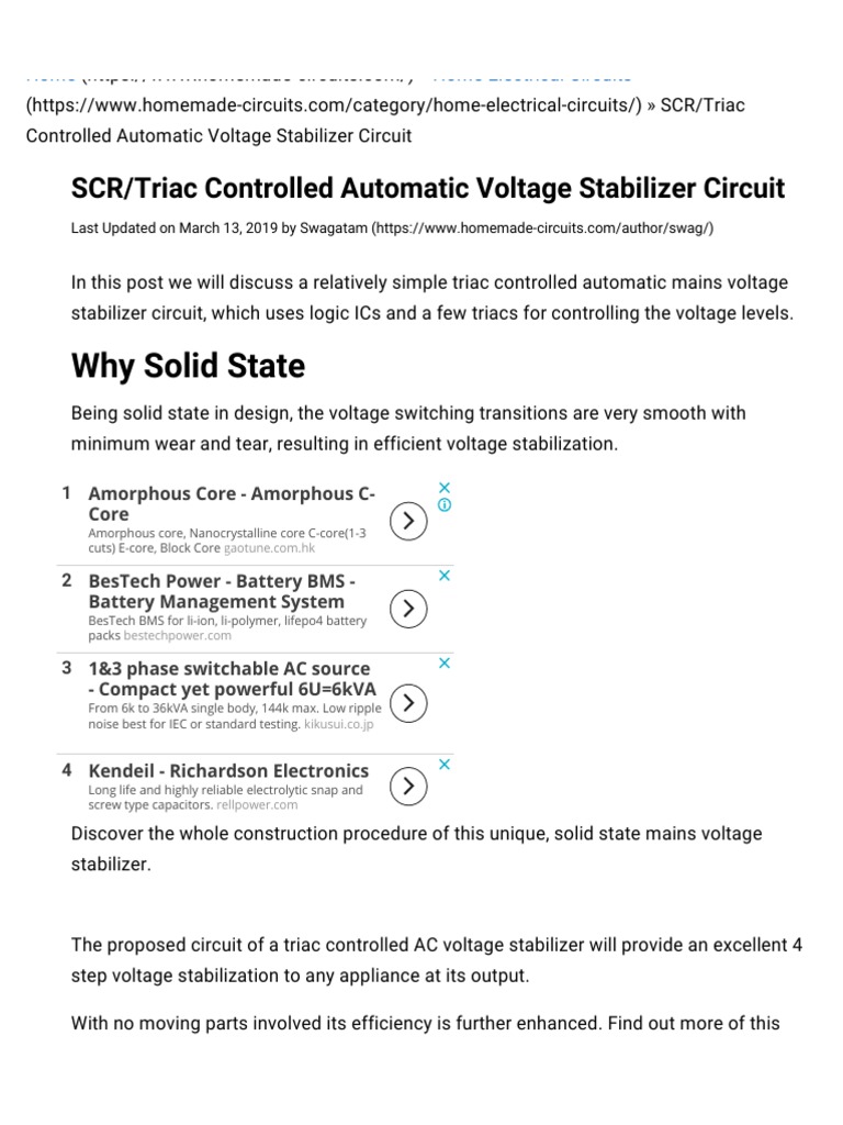 SCR - Triac Controlled Automatic Voltage Stabilizer Circuit - Homemade ...