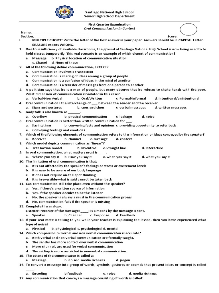 Oral Communication First Grading Exam | PDF | Nonverbal Communication ...