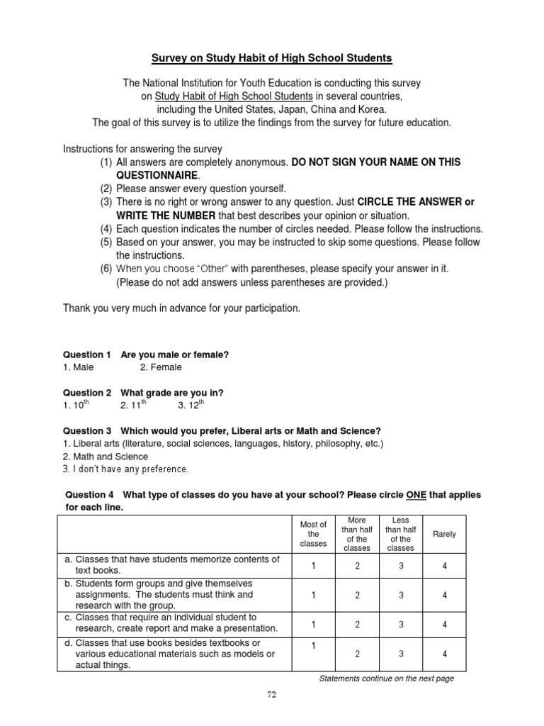 Survey On Study Habit of High School Students: Questionnaire | PDF ...