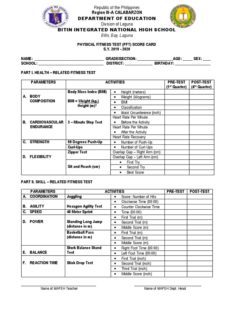 Fitness Test Score Card | Download Free PDF | Body Mass Index | Recreation