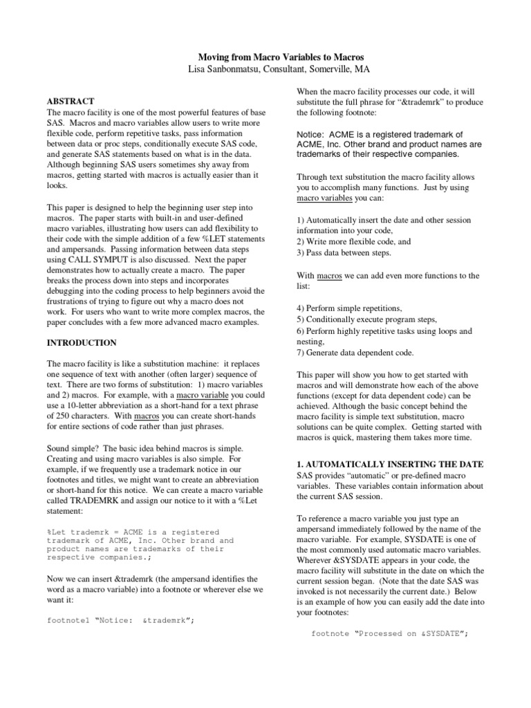 Lisa Sanbonmatsu, Consultant, Somerville, MA: Moving From Macro Variables To Macros | PDF ...