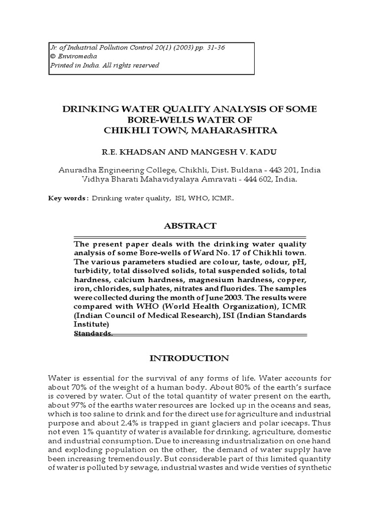 Drinking Water Quality Analysis of Someborewells Water Ofchikhli Town ...