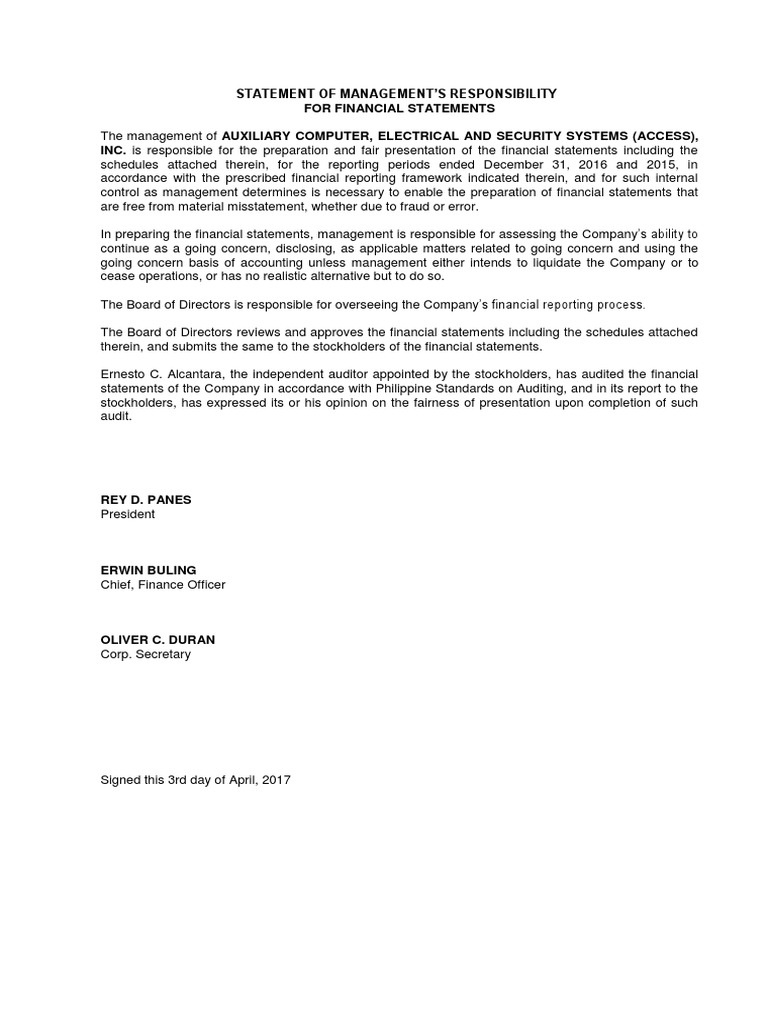 Statement of Management'S Responsibility For Financial Statements | PDF ...