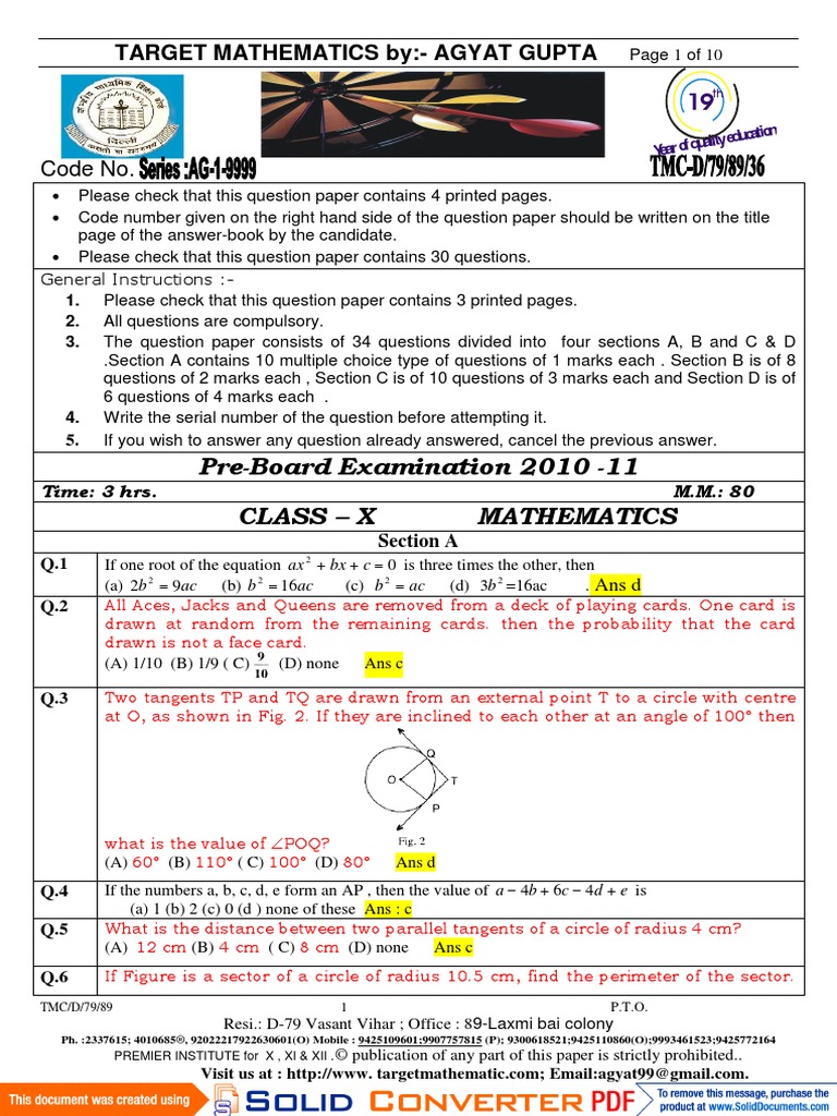 CBSE Maths Guess Paper Based On CBSE Pattern Guess Paper For 2018 Class ...