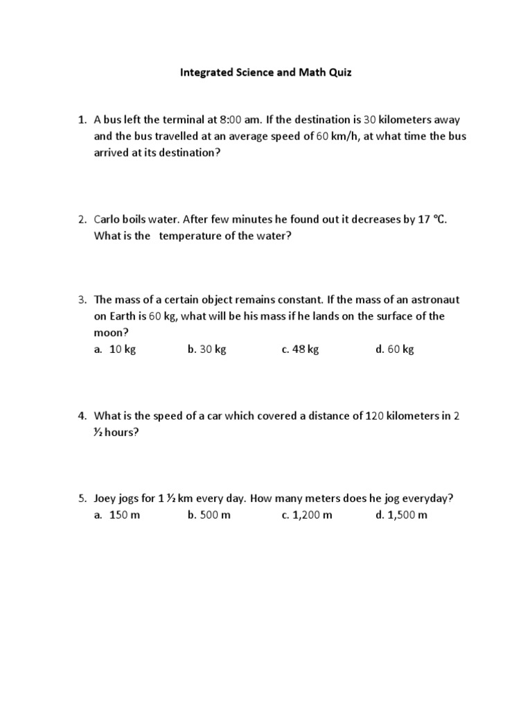 Integrated Science and Math Quiz | PDF | Speed | Celsius