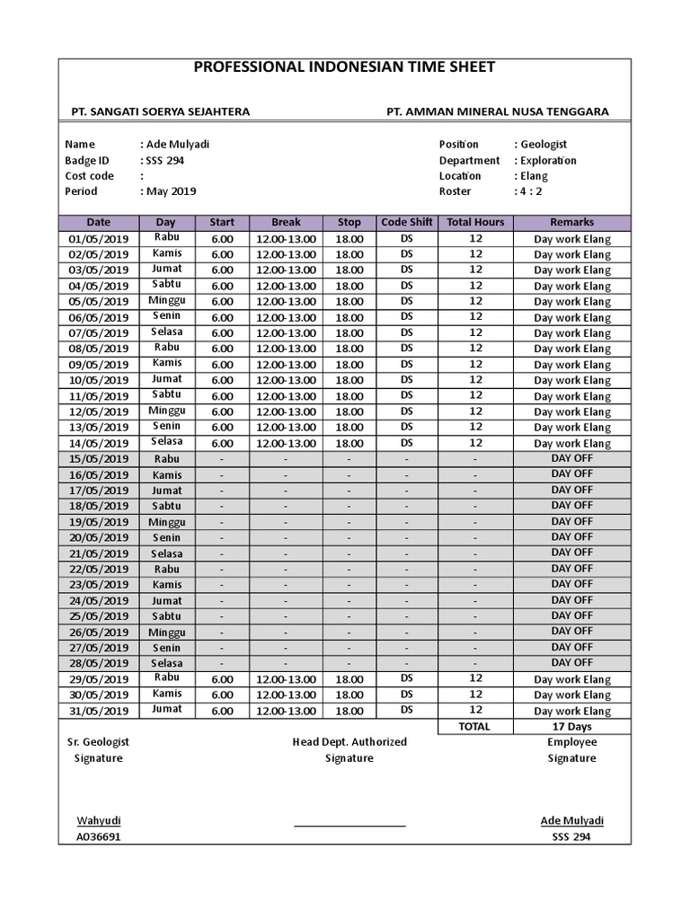 Professional Indonesian Time Sheet: Pt. Sangati Soerya Sejahtera Pt ...