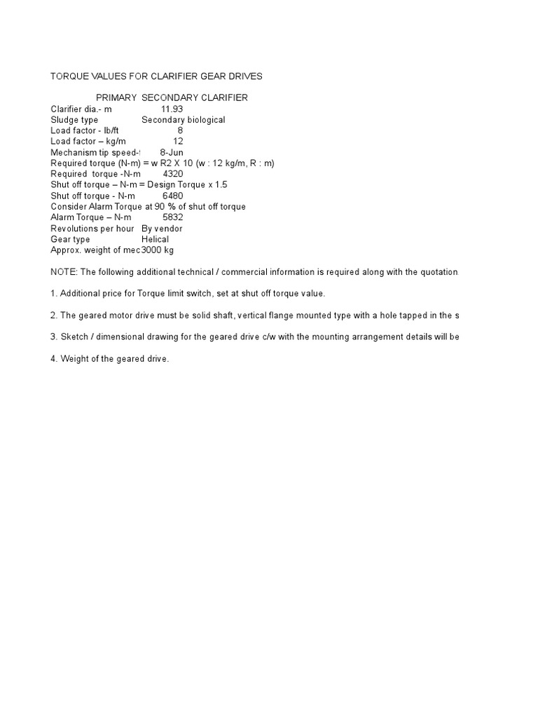 Clarifier Gear Drive Torque Values | PDF | Gear | Torque