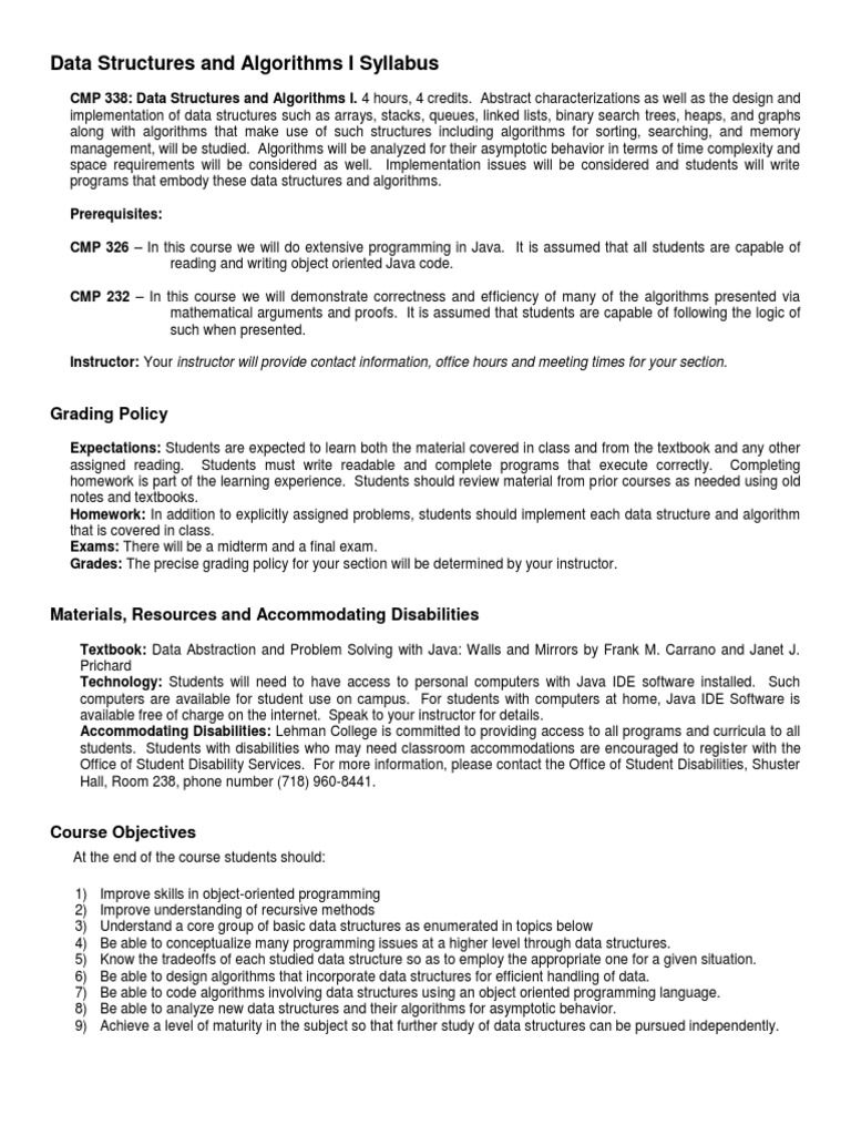 Data Structures And Algorithms I Syllabus Pdf Discrete Mathematics Algorithms And Data