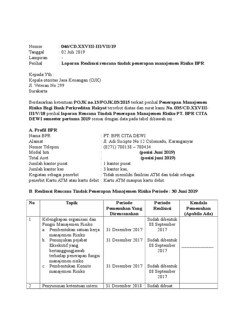 Laporan Realisasi Rencana Tindak Penerapan Manajemen Risiko BPR | PDF