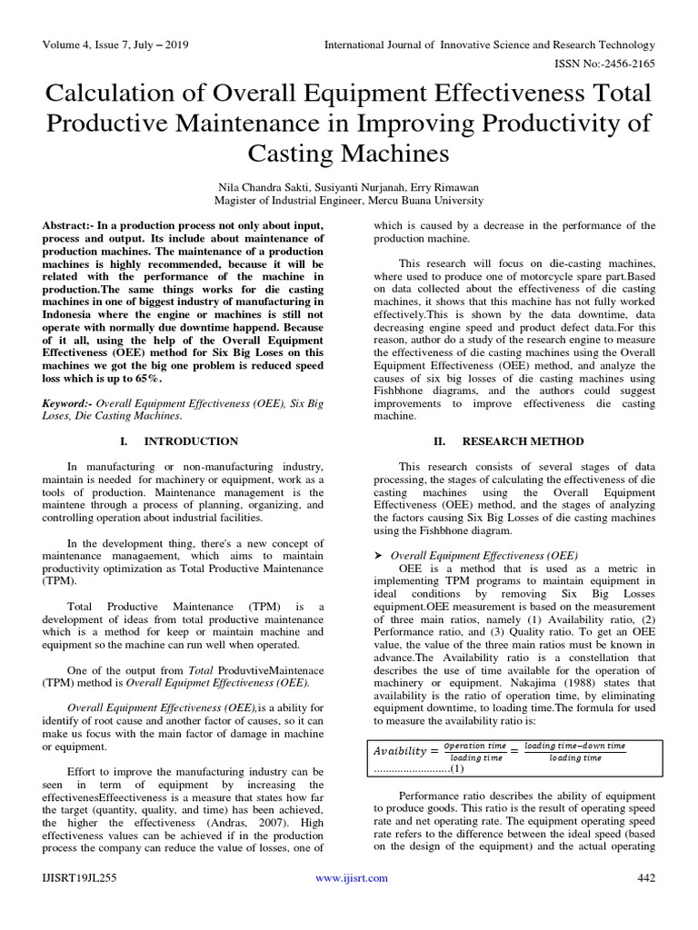 Calculation of Overall Equipment Effectiveness Total Productive ...