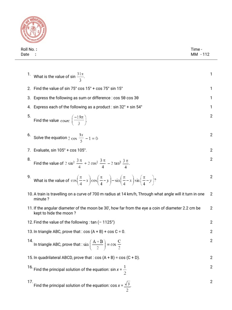 Class 11 Worksheet 2 Trigono PDF | PDF | Trigonometric Functions | Triangle