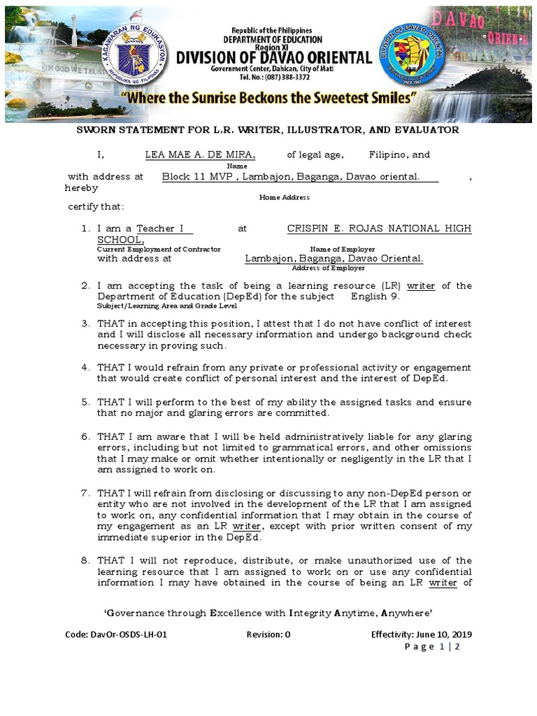 Sworn Statement For LR Personnel | PDF | Government Information | Justice