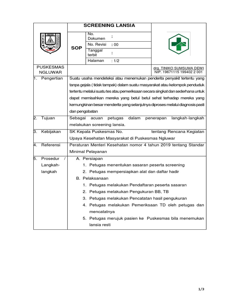 Sop Screening Lansia | PDF