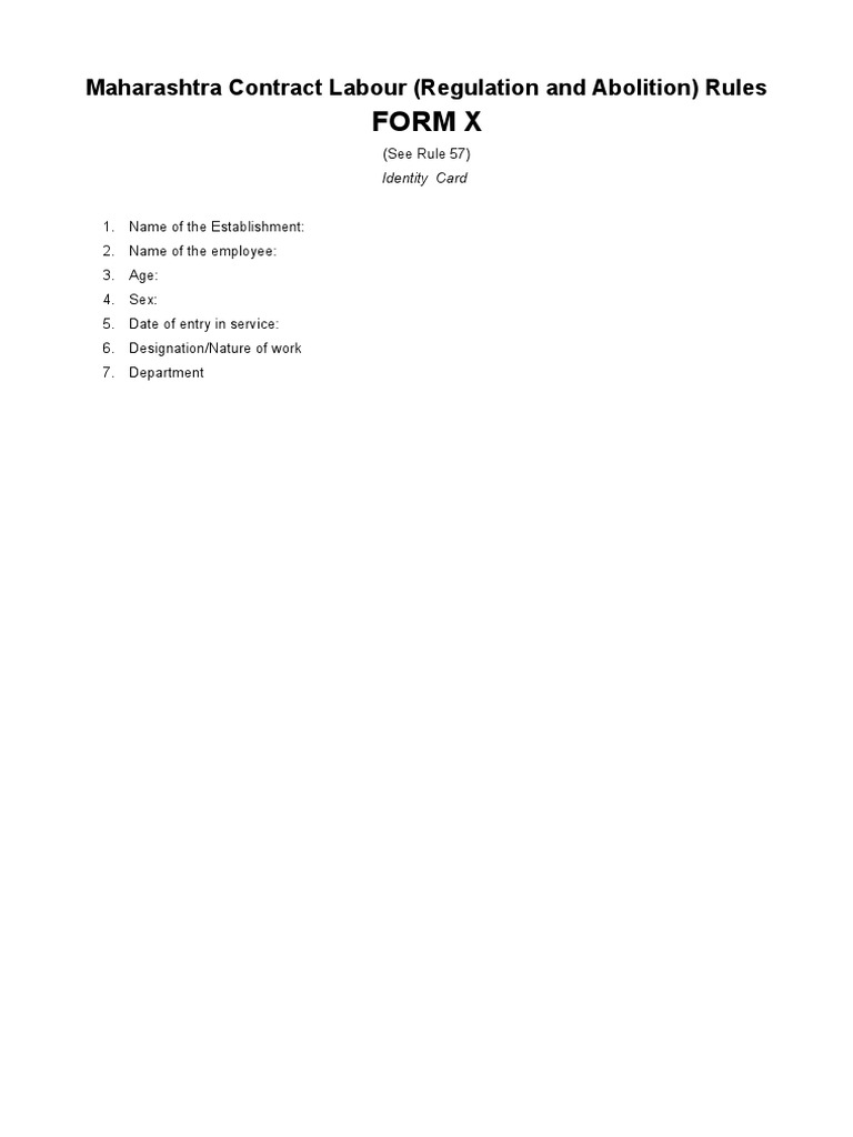 Form X: Maharashtra Contract Labour (Regulation and Abolition) Rules ...