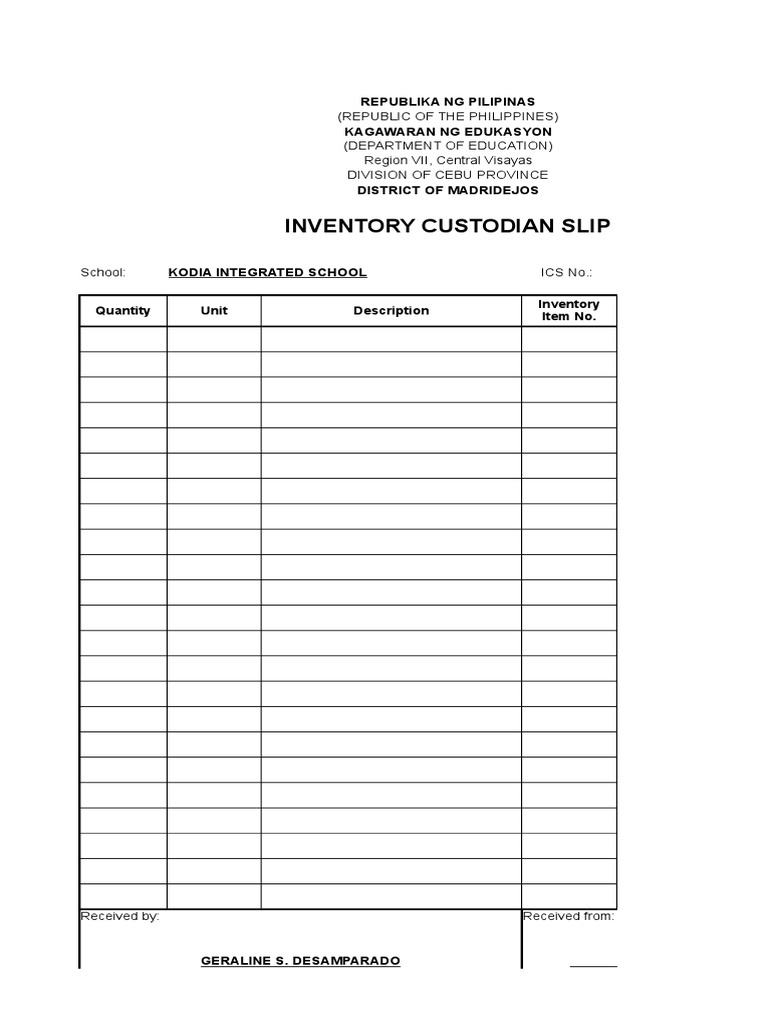 Inventory Custodian Slip: Republika NG Pilipinas Kagawaran NG Edukasyon ...