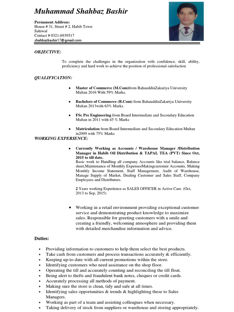 Muhammad Shahbaz Bashir: Objective | PDF | Retail | Sales