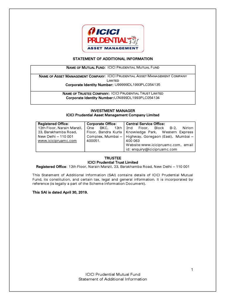 Icici Prudential Mutual Fund Statement of Additional Information | PDF ...