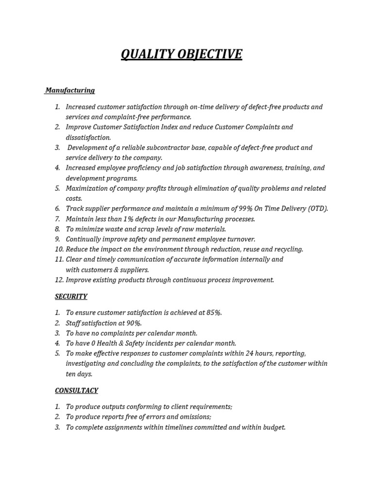 Quality Objective: Manufacturing | PDF | Employment | Economies
