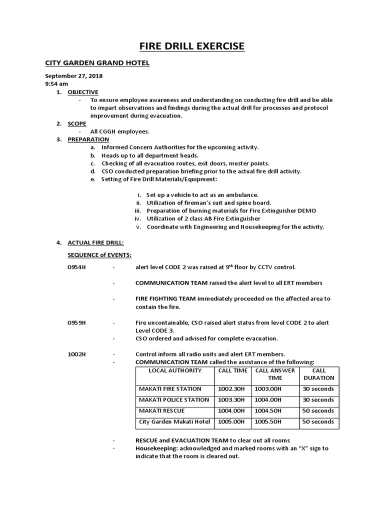 Fire Drill Exercise (September 27, 2018) | PDF | Emergency Evacuation ...