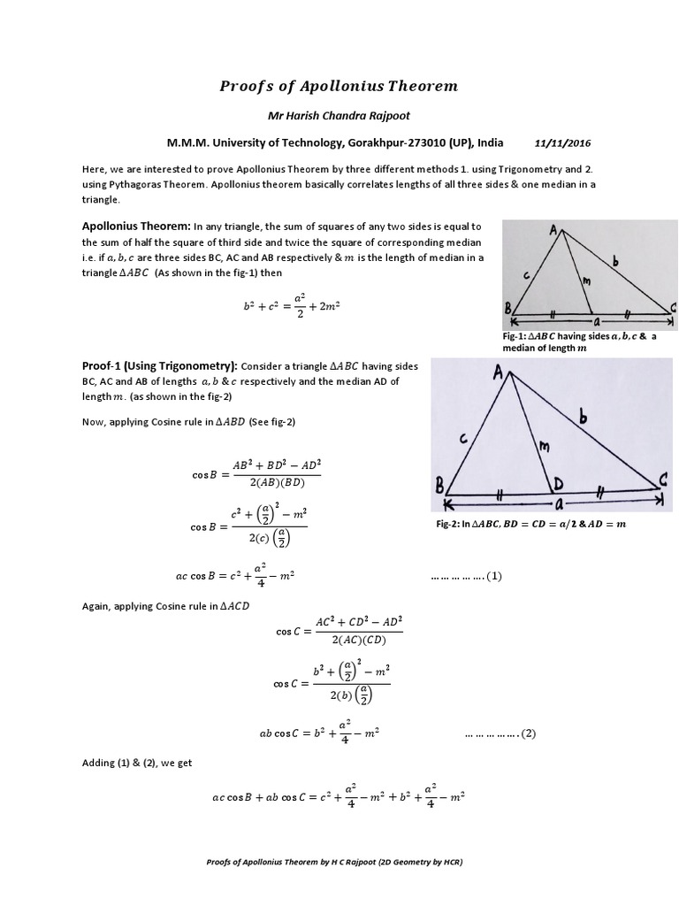Proofs of Apollonius Theorem by H C Rajpoot | PDF | Triangle ...
