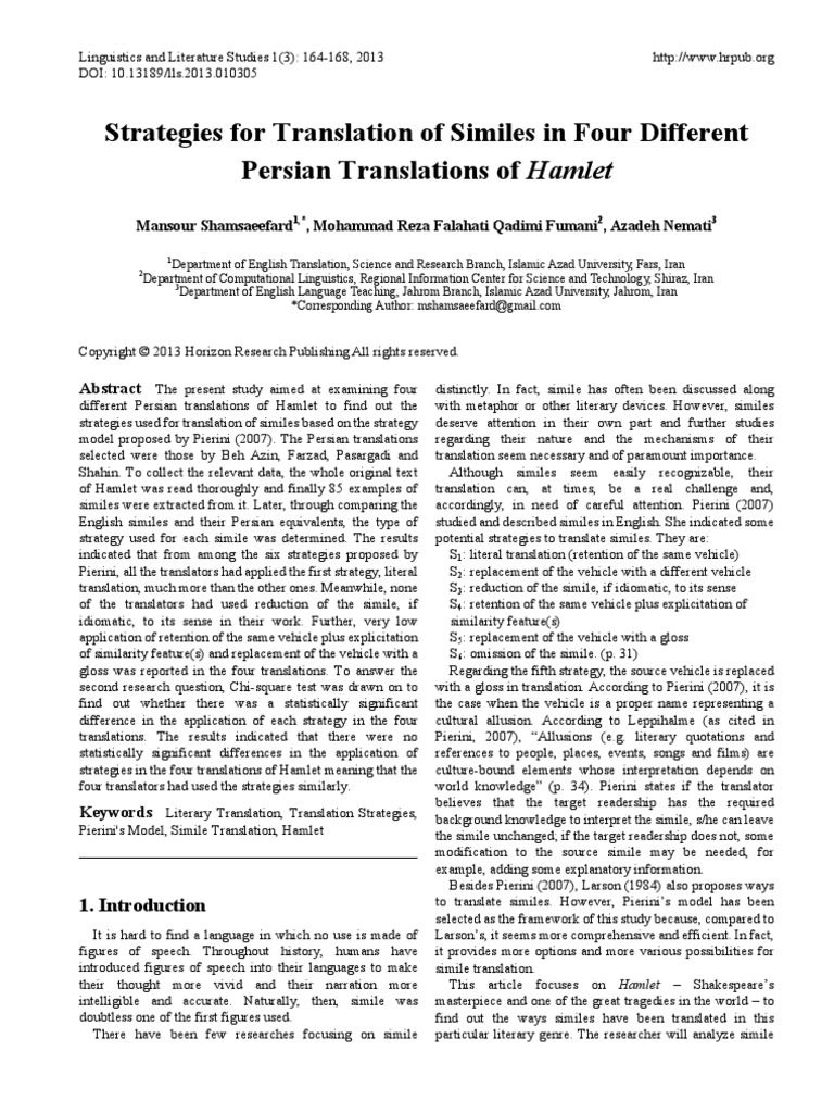 Strategies For Translation of Similes in Four Different Persian ...