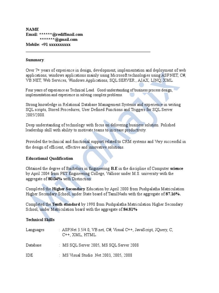 NET Sample Resume 2 | PDF | Microsoft Sql Server | Language Integrated Query