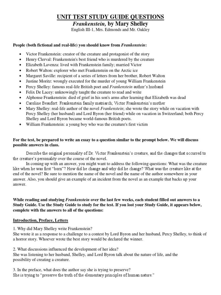 Frankenstein Study Guide and Essay Prompt | PDF | Frankenstein