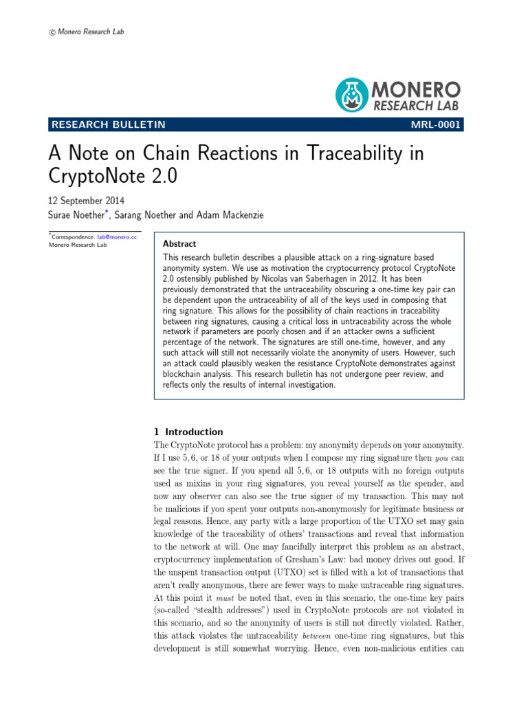A Note On Chain Reactions in Traceability in Cryptonote 2.0: Research ...
