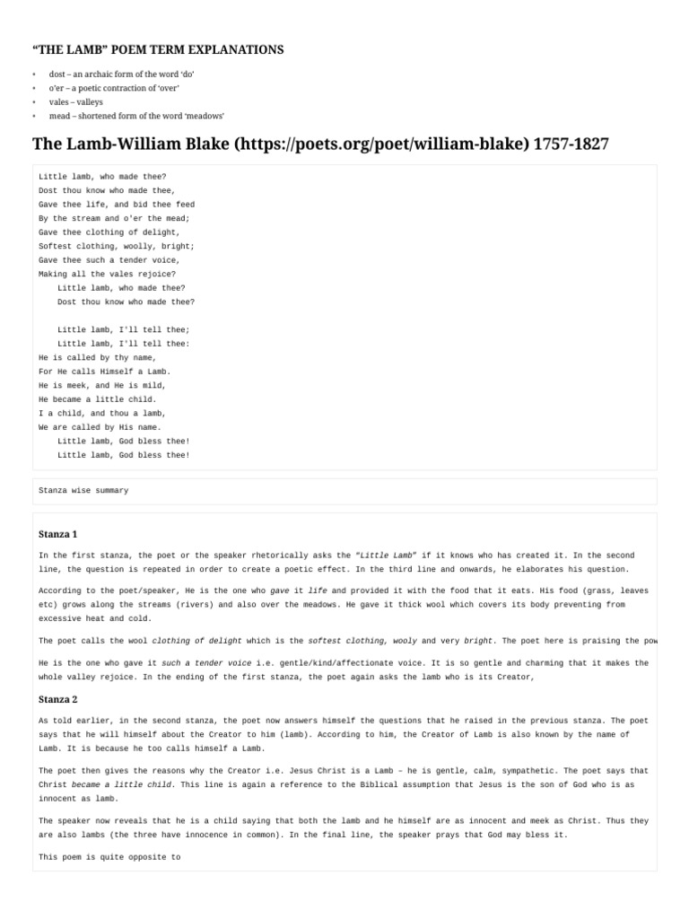 "The Lamb" Poem Term Explanations: Stanza 1 | Download Free PDF ...