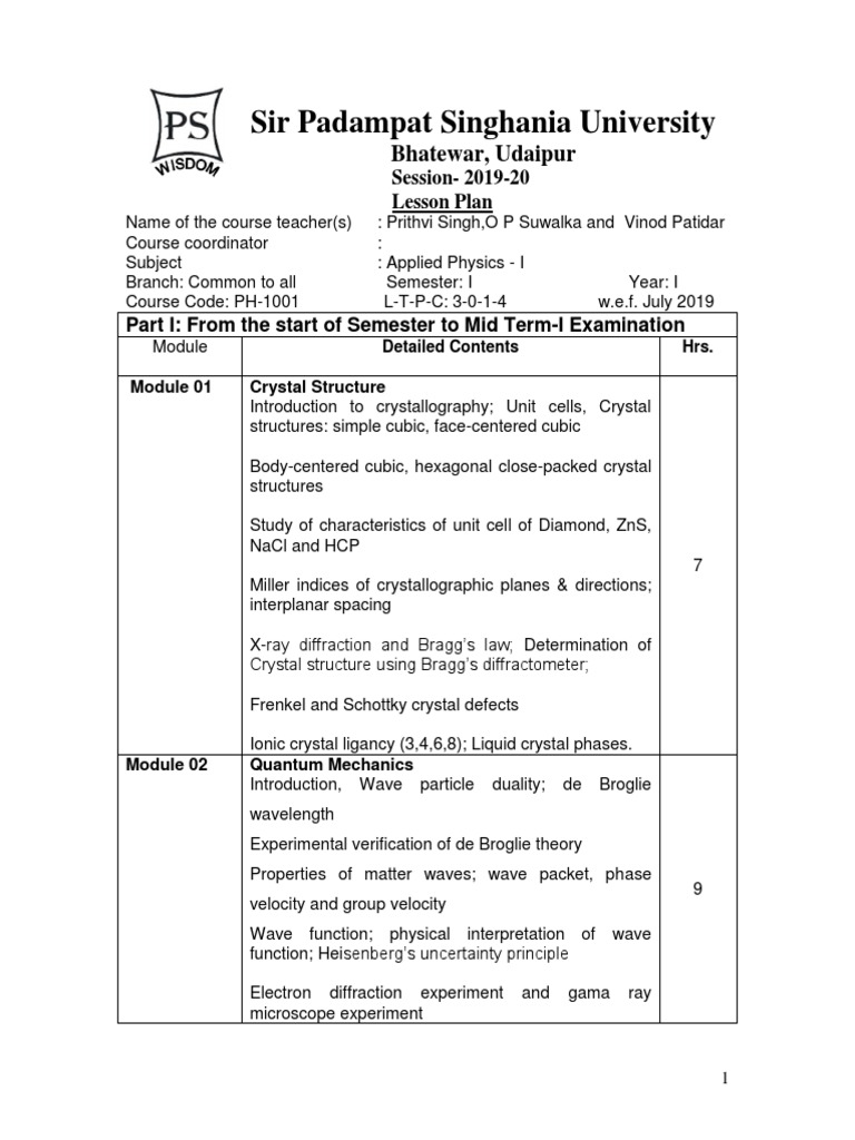 Lesson Plan PH-1001 | PDF | X Ray Crystallography | Waves