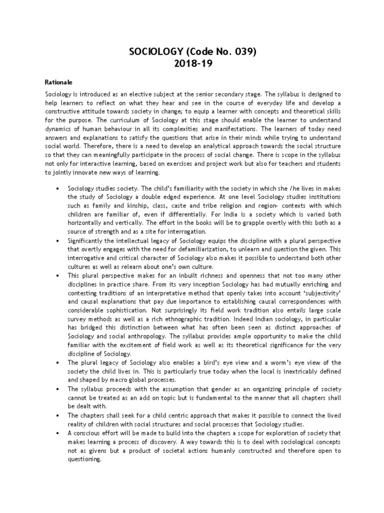 SOCIOLOGY (Code No. 039) 2018-19: Rationale | PDF | Social Science ...
