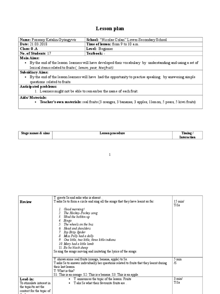 Lesson Plan: Stage Names & Aims Lesson Procedure Timing / Interaction ...