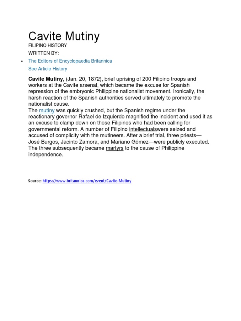 Cavite Mutiny: Cavite Mutiny, (Jan. 20, 1872), Brief Uprising of 200 ...
