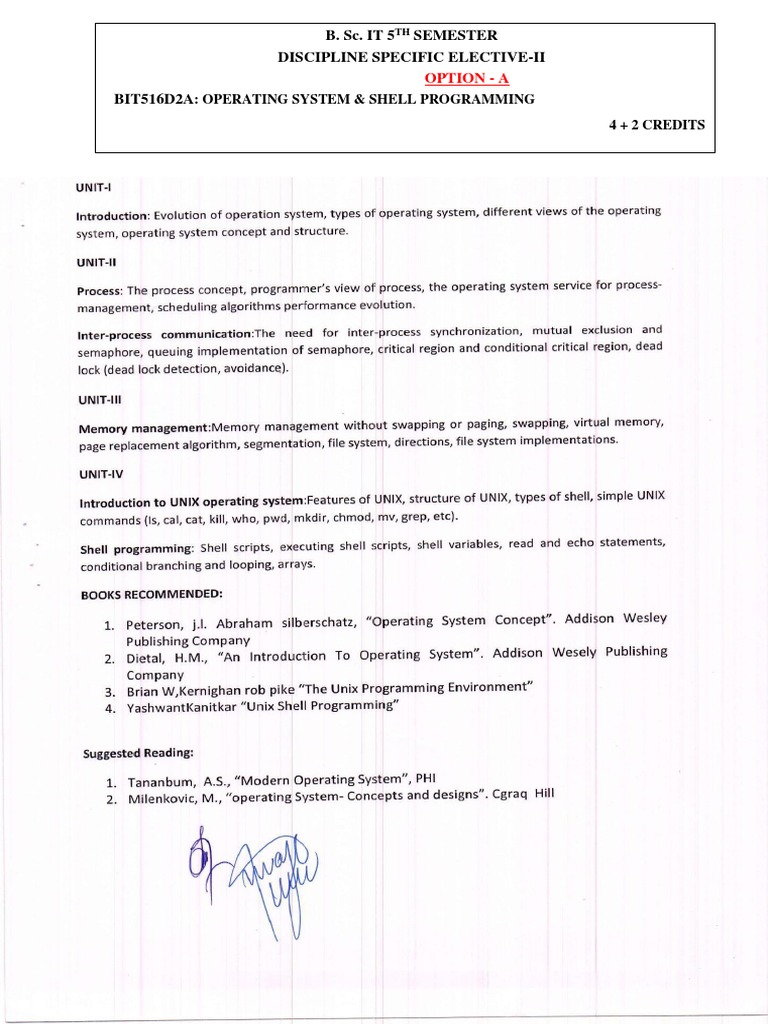 B. Sc. IT 5 Semester Discipline Specific Elective-Ii:: Operating System ...