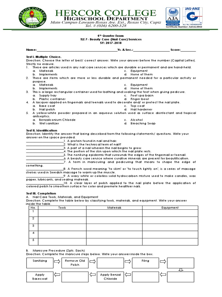 TLE 7 Nail Care Quarterly | PDF | Nail (Anatomy) | Disinfectant
