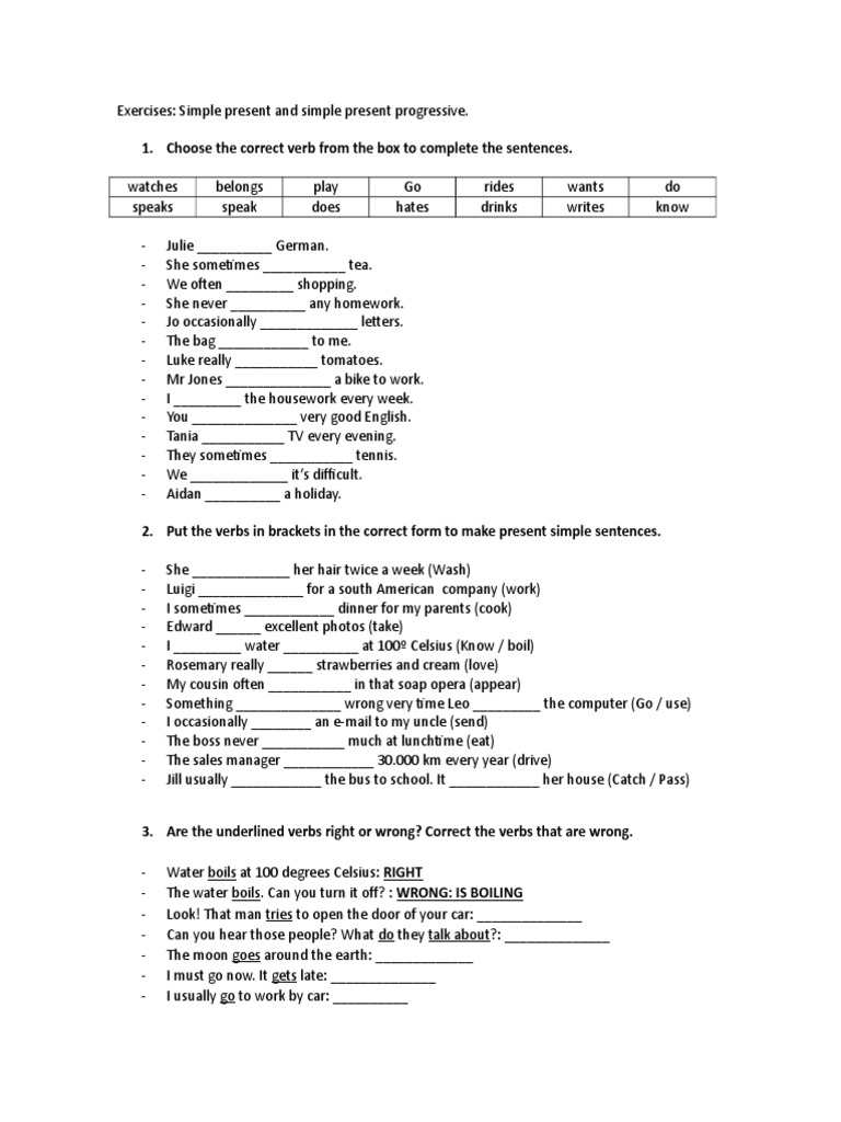 Exercises - Simple Present and Present Progressive | PDF