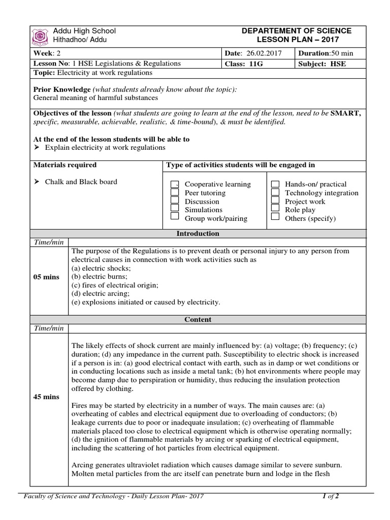Feb26 - Hse Lesson Plan | PDF | Alternating Current | Electricity