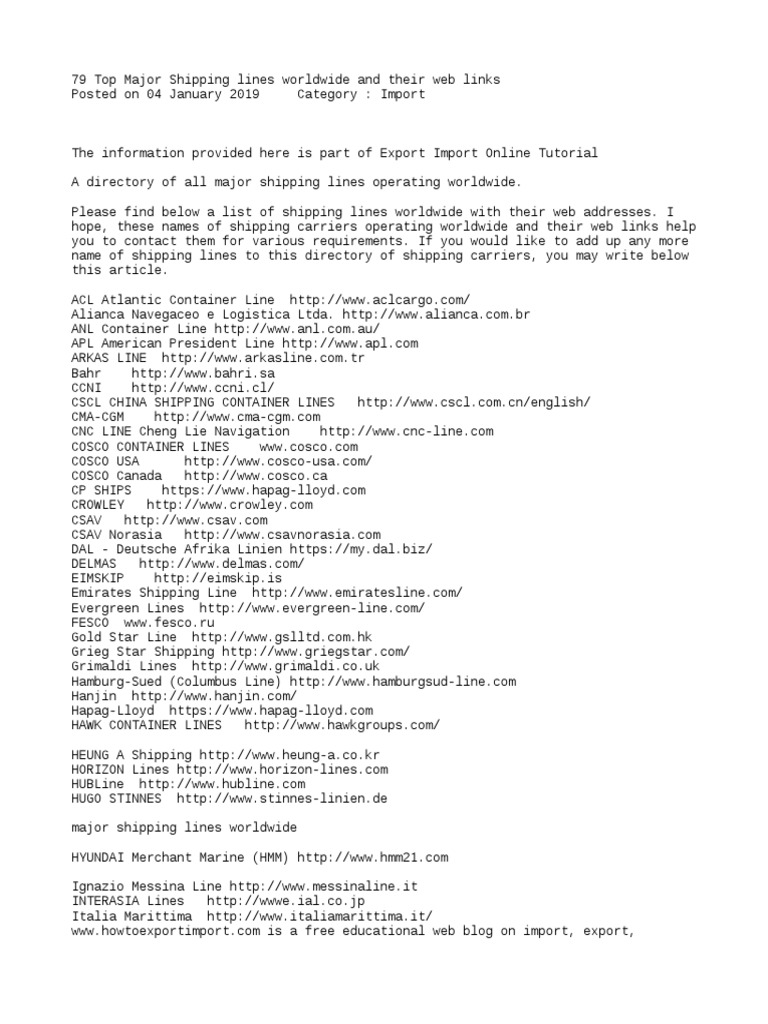 Major Shipping Lines | PDF | Shipping | Shipping Companies