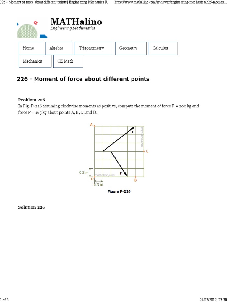Mathalino: 226 - Moment Of Force About Different Points | Force | Geometry