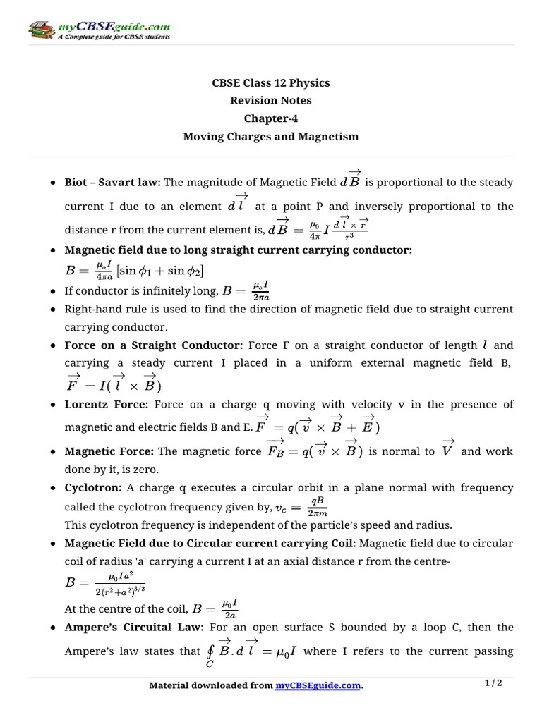 12 Physics Notes ch04 Moving Charges and Magnetism PDF | PDF | Magnetic ...
