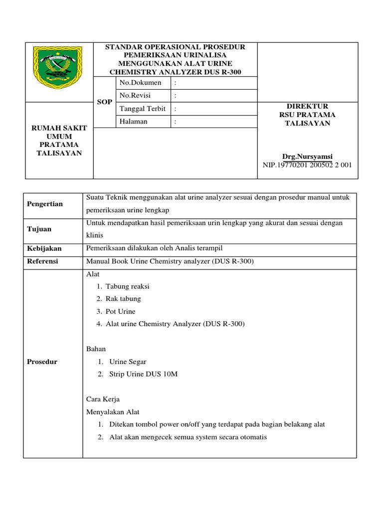 SOP Pemeriksaan Urinalisa DUS R-300 | PDF