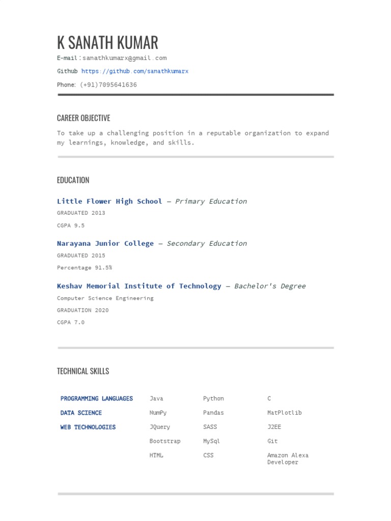 K Sanath Kumar: Career Objective | PDF | Web Application | Java Server Pages