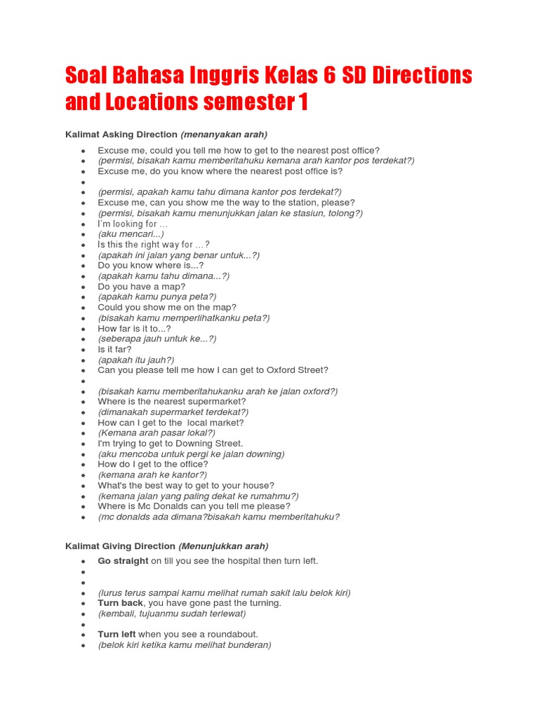 Soal Arah dan Lokasi Bahasa Inggris Kelas 6 | PDF | Seni & Disiplin ...