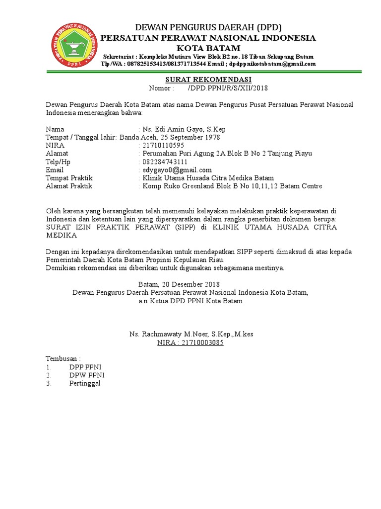 Surat Rekom SIPP PPNI Batam | PDF
