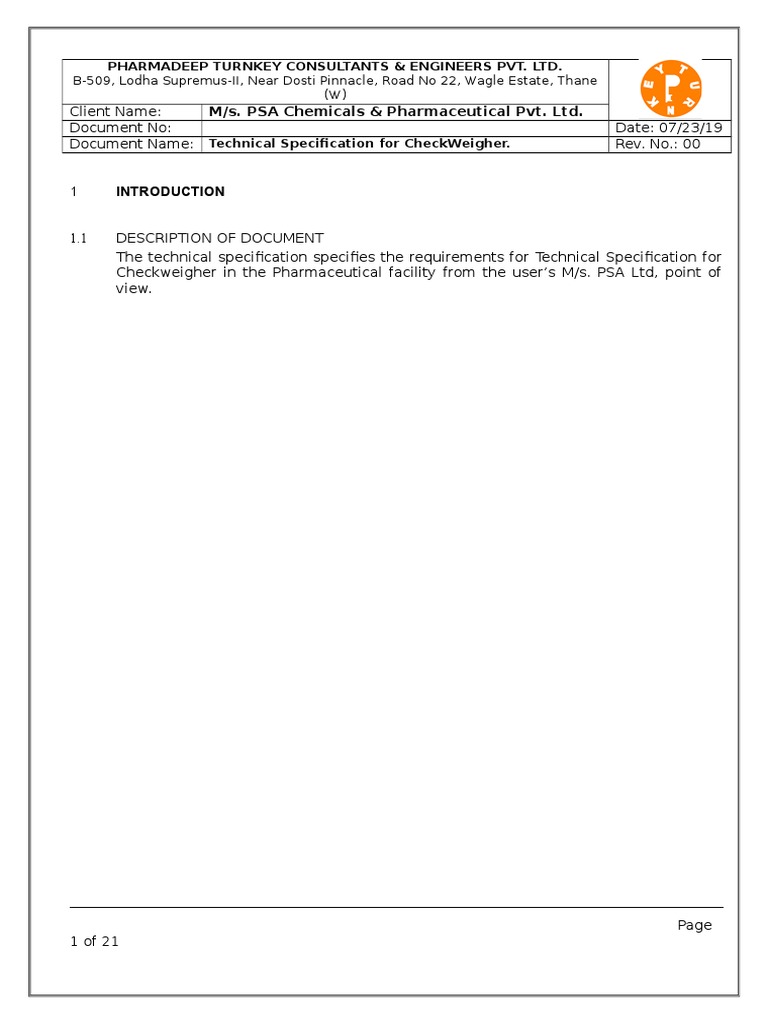 Technical Specification For CheckWeigher | PDF | Programmable Logic ...