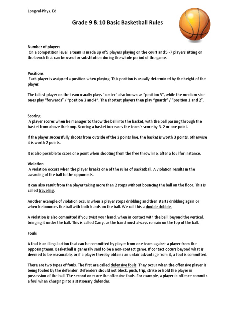 Grade 9 & 10 Basic Basketball Rules: Number of Players | PDF ...