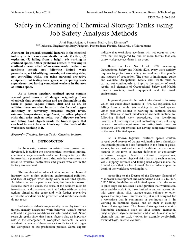 Job Safety Analysis for Tank Cleaning | PDF | Occupational Safety And ...